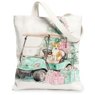 Generic Corgi Sacs fourre-tout en toile avec motif de chariot de chien mignon, sacs d&eacute;picerie r&eacute;utilisables, l&eacute;gers et lavables avec bandouli&egrave;re pour lhiver, 