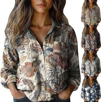 Generic HUIFUAO Chemise Femme Lin Coton Manche Longue Shirt Grande Taille Chemise et Blouses Chic et élégant Haut Basique Imprimé Tunique Tops avec Poche (A03