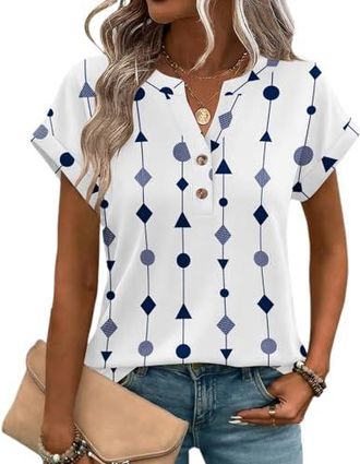 Generic T-shirt d&eacute;contract&eacute; &agrave; col en V pour femme, motif botanique &eacute;l&eacute;gant, col en V, imprim&eacute; p&eacute;tale, manches courtes, t-shirt d&eacute;t&eacute; classique ample, bleu clai