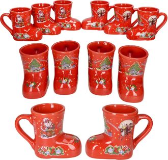 MamboCat 12er Set Gl&uuml;hweinstiefel rot mit Henkel I 200ml geeicht I Gl&uuml;hweinbecher mit Weihnachtsdekor & Schriftzug f&uuml;r 12 Personen I Keramik-Tasse f&uuml;r Tee, Eie