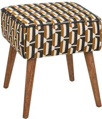 Atmosphera Atmosphera Cr&eacute;ateur dInt&eacute;rieur - Tabouret dAppoint Chiara Tissu Chenille Noir Ocre Blanc Motif Jacquard Pieds Bois H&eacute;v&eacute;a Confortable R&eacute;tro Vintage