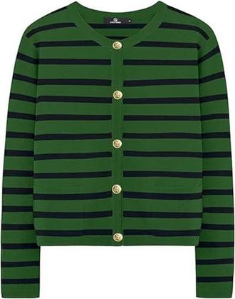 Generic Cardigan ray&eacute; &agrave; col rond pour femme, manches longues en tricot l&eacute;ger avec poches, Rayures Vert, XL