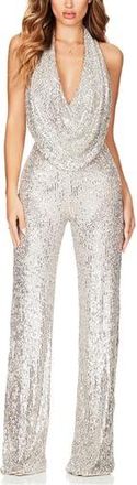 ORANDESIGNE Femme Combinaison à Paillettes avec Col en V Profond Élégant Pailleté Jumpsuit Sans Manches Jambes Larges Playsuit Scintillante Long Pantalon Cocktail