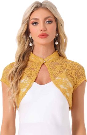 Allegra K Damen Sommer Spitze Bolero Strickjacke Kurzarm Hochzeit Leicht Elegante Festlich J&auml;ckchen f&uuml;r Abendkleid Ingwer Gelb S