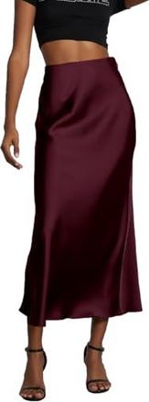 OLIPHEE Jupe Longue Femme Jupe Satin Taille Haute Elastique Robe Femme Robe Satin Ligne A Couleur Unie Casual Chic Élégante Soirée Rouge XS