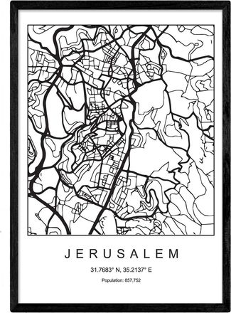 Nacnic Stadtplan Blatt Jerusalem skandinavischen Stil in Schwarz und Weiß. Plakat A4 Bedruckte Papier Keine 250 gr. Gemälde, Drucke und Poster für Wohnzimmer