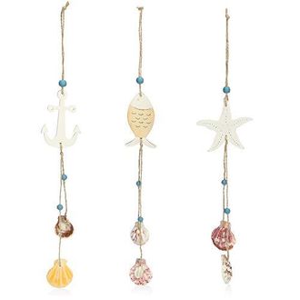 Com-Four 3X d&eacute;coration &agrave; Suspendre en Bois avec &eacute;toile de mer, Poisson et Ancre - Coquillages d&eacute;coratifs &agrave; Suspendre - d&eacute;coration &agrave; Suspendre Maritime pour la 