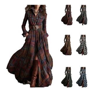 Generic Robe chemise &agrave; carreaux pour femme, manches longues, boutonn&eacute;e sur le devant, col en V, boutonn&eacute;e, robe fendue avec poches, style cowboy r&eacute;tro, occide
