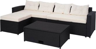 Hhg Poly-Rattan Garnitur HHG-080, Balkon-/Garten-/Lounge-Set Sitzgruppe Sofa, Staufach schwarz, Kissen creme-beige