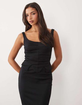 Asos strukturiertes Midikleid in Bleistiftform mit Korsett-Taillendetail aus schwarzem Scuba-Material