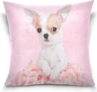 Linomo Kissenbezug 40x40 cm, S&uuml;&szlig; Chihuahua Hund Rosa Rose Dekorative Kissenbezug Kissenh&uuml;lle f&uuml;r Couch Sofa Bett Hause