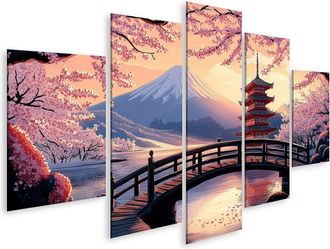 Islandburner Prime Bild auf Leinwand Japanische Landschaft mit Kirschblüten und Pagode für Wohnzimmer Japanliebhaber Japanisches Bilder Wandbilder Poster