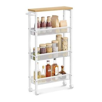 Relaxdays Nischenwagen, HxBxT: 77x13x45 cm, schmales Nischenregal Bad & K&uuml;che, 4 Ebenen, Rollregal Metall, Natur/wei&szlig;