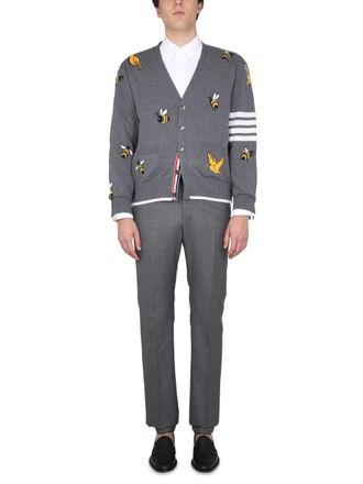 Thom Browne Birds and Bees Inlay Wool Cardigan - Gray