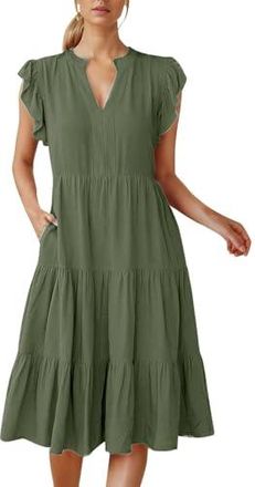 Generic Robe d&eacute;t&eacute; pour femmes - Robe midi &agrave; manches volant&eacute;es et col en V - Coupe fluide et d&eacute;contract&eacute;e, style boh&egrave;me, vacances de plage, robe ample pour fem