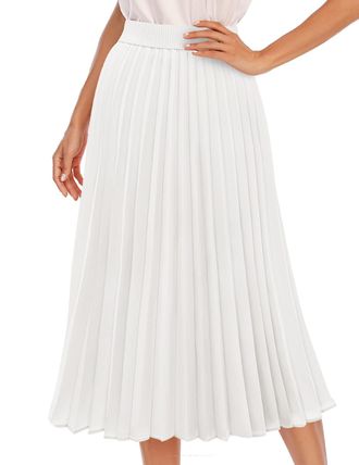 Dresstells Plissee Rock Damen Chiffon Maxi Langer Faltenrock A-Linie Hohe Taille Festlicher Midi-Rock Casual Strandrock White 2XL