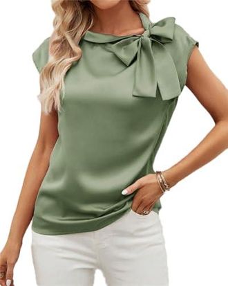 Generic Womens Bow Tie Mock Neck Cap Sleeve Satin Blouse Office Shirts Business Top Blouse
