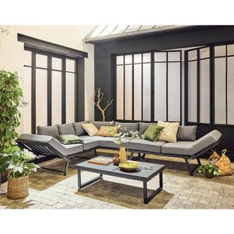 Best Mobilier Konna - gartenlounge - eckset aus schwarzem stahl - 5 sitzpl&auml;tze - graue kissen und tisch inklusive - schwarz / grau