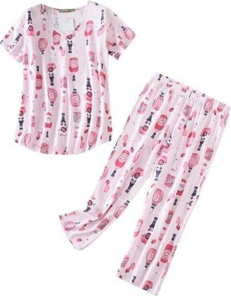 Generic Ensemble de Pyjama Femmes Manches Courtes Coton avec Pantalon, Doux &agrave; Porter et Confortable f24