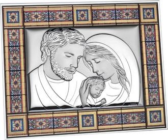 BELTRAMI Beltrami 1 IKONE DER HEILIGEN FAMILIE AUS ROTEM KATHEDRALGLAS CM25x2, Glas Miro Silbermetall Holz Karton, silberfarben