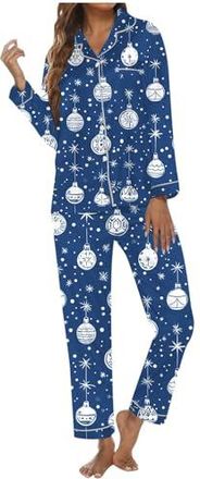 Generic Ensemble de pyjama de No&euml;l pour femme avec poche boutonn&eacute;e et manches longues, bleu, XXL