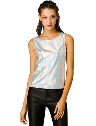 Allegra K Damen U-Ausschnitt Stretchy Slim Fit Metallic Tank Top Gr. X-Large, Silber, rosa