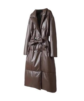 Generic Doudoune longue en cuir pour femme - Manteau en duvet de mouton &agrave; double boutonnage avec ceinture - Noir, EN8, L
