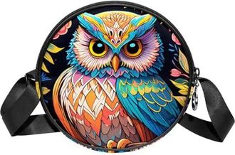 Generic Sac &agrave; bandouli&egrave;re rond pour femme, motif hibou color&eacute; avec fermeture &eacute;clair, bretelles r&eacute;glables, sac &agrave; main rond d&eacute;contract&eacute; pour femmes et filles
