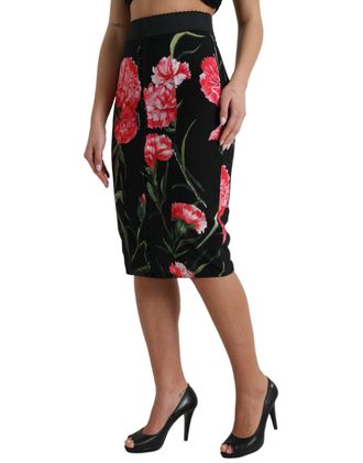 Dolce & Gabbana Womens Black Carnation Pencil Cut Knee Length Skirt Nylon Elastane