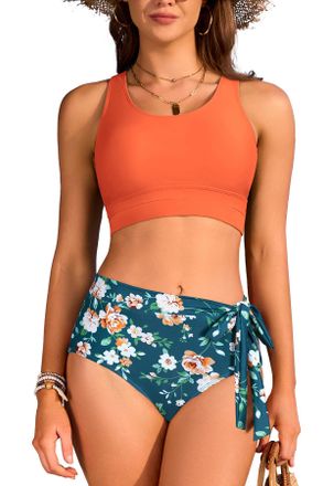 SHEKINI Bikini Damen Set Hohe Taille Sexy Cheeky Bikini Damen Sport Bikinis f&uuml;r Damen mit Knoten(XL, Orange + Druck)