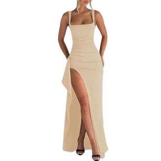 Generic Robe de soir&eacute;e pour femme - Robe longue tendance et sexy - Robe porte-jarretelles dos nu - Robe fendue - Belle robe d&eacute;t&eacute; - Longueur genou, Jaune clair