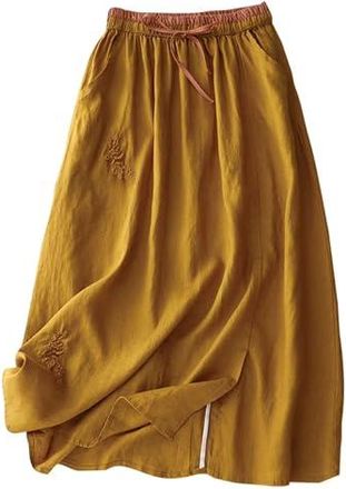 Generic Jupe en coton et lin pour femme - Vintage - Broderie - Jupe midi - Ligne A - Taille &eacute;lastique - Jupe maxi - L&eacute;g&egrave;re - &Eacute;l&eacute;gante et d&eacute;contract&eacute;e - Pour f