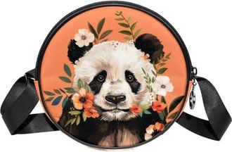 Generic Sac &agrave; bandouli&egrave;re rond pour femme, motif panda, fleur de panda, sac &agrave; dos avec fermeture &eacute;clair, bretelles r&eacute;glables, sac &agrave; main rond d&eacute;contract&eacute; pour