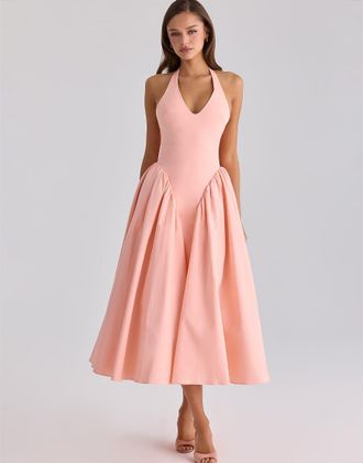 House of CB Marilyn - Midi-Sommerkleid aus Baumwolle in Pfirsich mit Neckholder-Orange