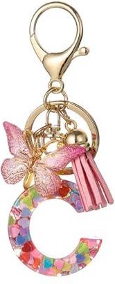 Generic Porte-cl&eacute;s en r&eacute;sine paillet&eacute;e 26 lettres avec papillon pompon porte-cl&eacute;s crochet, C, taille unique