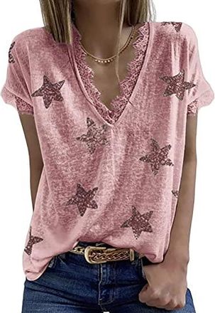 Onsoyours Femme Chemisier Femme Manches Longues T Shirt Dentelle Hauts Chemise Tee Shirt Blouse Tunique Couleur Unique D Rose XXL