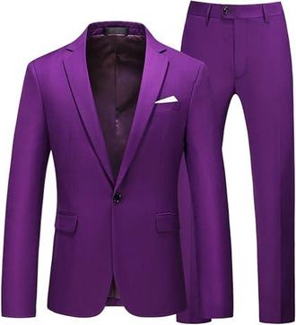 Generic Hommes Regular fit Deux pièces Costume Single Snap Pure Color Jacket Pantalons Costume Slim Fit Mariage Single Snap Suit (Violet,M)