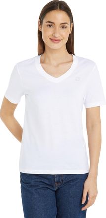Calvin Klein Jeans Damen T-Shirt Kurzarm Ck Embro Badge V-Ausschnitt, Weiß (Bright White), XXS