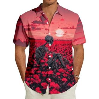 Generic Chemises hawa&iuml;ennes &agrave; motif t&ecirc;te de mort pour homme - Imprim&eacute; squelette - Chemise de Saint-Valentin &agrave; manches courtes boutonn&eacute;es &agrave; revers - Hauts d&eacute;t&eacute;