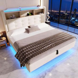 Generic 140x200 beigefarbenes Leinen-H&auml;ngebett - Integrierte LED-Leiste, Multimedia-Speicher, Multimedia-Nischen und USB- / Typ-C-Anschl&uuml;sse