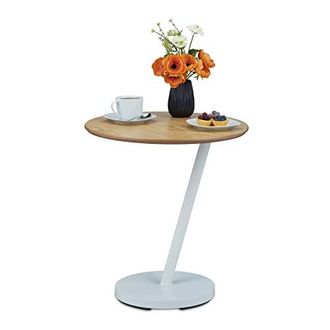 Relaxdays Beistelltisch, runder Couchtisch, HxD: 53 x 48 cm, MDF & Stahl, f&uuml;r Wohnzimmer, moderner Sofatisch, wei&szlig;/Natur