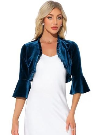 Allegra K Bol&eacute;ro en Velour pour Femme Gilets Haussement d&Eacute;paules Manches 3/4 Devant Ouvert &agrave; Volants pour Soir&eacute;e Cardigan Court Paon Bleu S