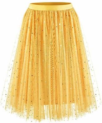 Generic Jupe en tulle pour femme - Jupe midi - Jupe trap&egrave;ze - Jupe en maille - Taille haute &eacute;lastique - Jupe dHalloween - T-shirt pour, jaune, XL