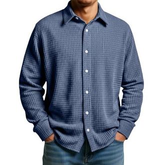 Generic Chemise gaufr&eacute;e pour homme et adulte, chemise &agrave; revers de couleur unie &agrave; manches longues boutonn&eacute;es, style vintage, d&eacute;contract&eacute; et de travail, chemise