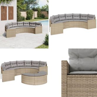vidaXL Gartensofa mit Kissen Halbrund Beige Poly-Rattan - Outdoor-Sofa - Gartensofa - Lounge Set - Halbrunder Tisch - Poolparty - Home & Living