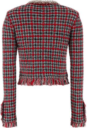 Self Portrait Womens Red Check Frayed Knit Jacket Mixed Fibres Giacche E Gilet