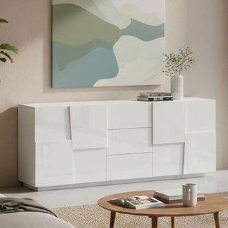 Dmora Kommode Yoel, Wohnzimmer-Buffet, Wohnzimmer-Kommode mit 4 T&uuml;ren und 3 Schubladen, 220x44x86 cm, gl&auml;nzend wei&szlig;