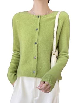 ORANDESIGNE Gilet Femme Chic et Elegant Gilet Court Col Rond Gilets Manches Longues Cardigan Laine Mi-Saison A Vert Clair XL