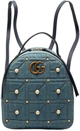 Gucci Rucks&auml;cke - Small GG Marmont Pearl Studded Matelasse Denim Bac - Gr. unisize - in Blau - f&uuml;r Damen