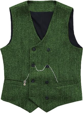 Solovedress Herren Jahrgang Anzug Weste Zweireihig Wolle Tweed Weste f&uuml;r Hochzeit Groomsmen(Gr&uuml;n,XXXL)